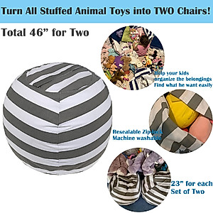 2-pack Stuffed Animal Storage Bean Bags for Kids Room 23" Empty Animal Beanbag Chair Covers Only Small Stuffed Animal Storage for Toddlers, Children, Boys, Girls Kids Room Decor, White Grey Stripes
