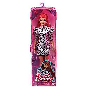 Barbie Fashionistas Doll #168, Smaller Bust, Long Red Hair, Zebra-striped Dress with Puffed Sleeves, Large Hoop Earrings, Slip-on Shoes, Toy for Kids 3 to 8 Years Old