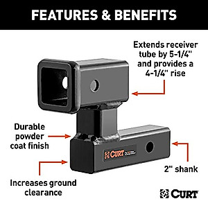 CURT 45794 Raised Trailer Hitch Extender, Fits 2-Inch Receiver, Extends 5-1/4", 4-1/4-In Rise, Gloss Black Powder Coat