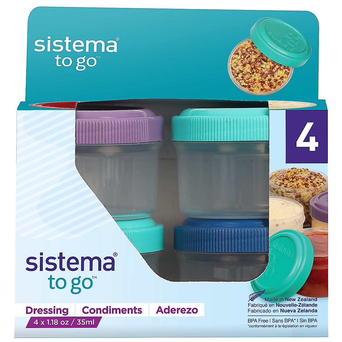 Sistema 4-Piece Salad Dressing and Condiment Containers with Lids for Lunch, Dishwasher Safe, 1.18-Ounce, Multicolor