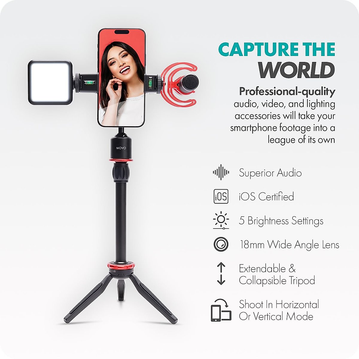 Movo iVlog1 Vlogging Kit for iPhone - Lightning Compatible YouTube Starter Kit - with Shotgun Microphone, Mini Tripod, LED Light, Wide-Angle Lens, Lightning Adapter Vlog Kit - iPhone Vlogging Kit