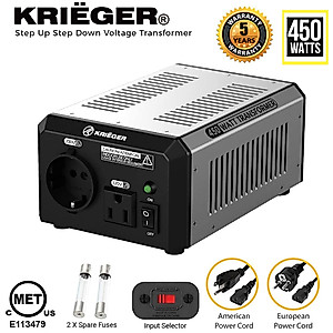 Krieger 450 Watt Voltage Transformer, 110/120V to 220/240V Step Up Step Down Voltage Converter with AC Outlets, MET Approved Under UL, CSA