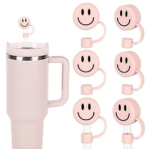 Whaline 6Pcs Smile Face Straw Covers Light Pink Double Sided Pattern Straw Tip Covers 0.4 Inch Silicone Reusable Round Straw Topper for 30 & 40 OZ Tumbler with Handle