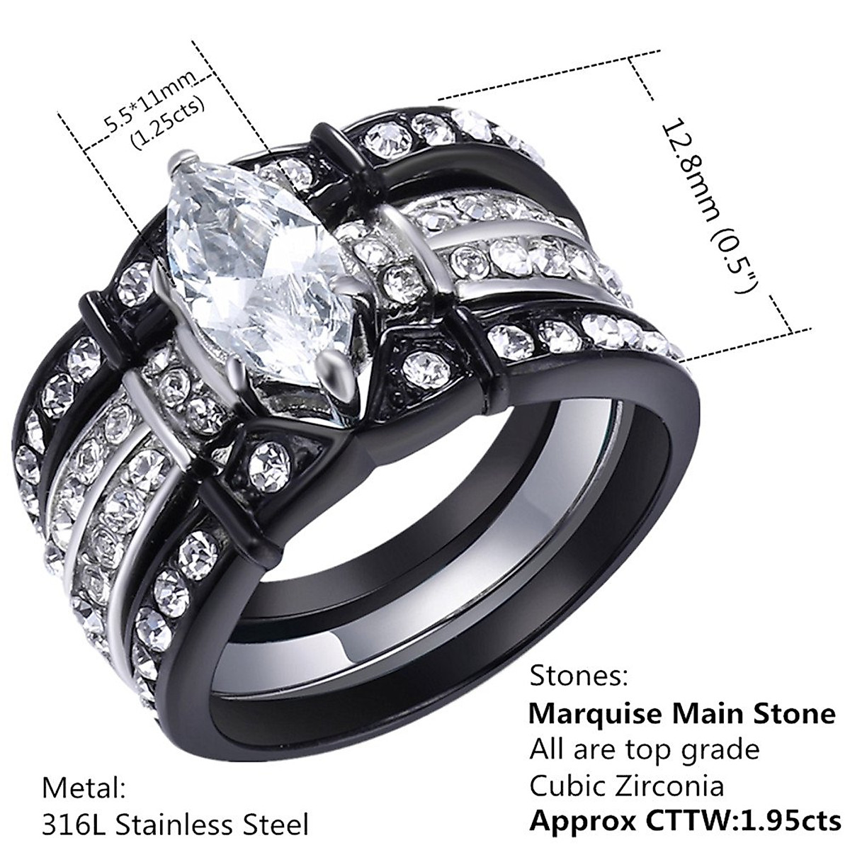 MABELLA Black Wedding Engagement Ring Set Stainless Steel Marquise Cz Gifts for Women, Size 8