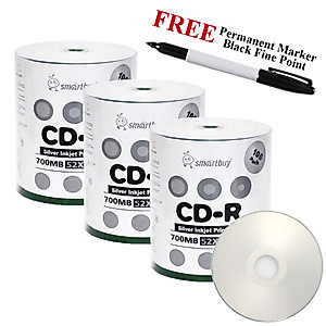 Smartbuy 300-disc 700mb/80min 52x CD-R Silver Inkjet Hub Printable Blank Media Disc + Black Permanent Marker