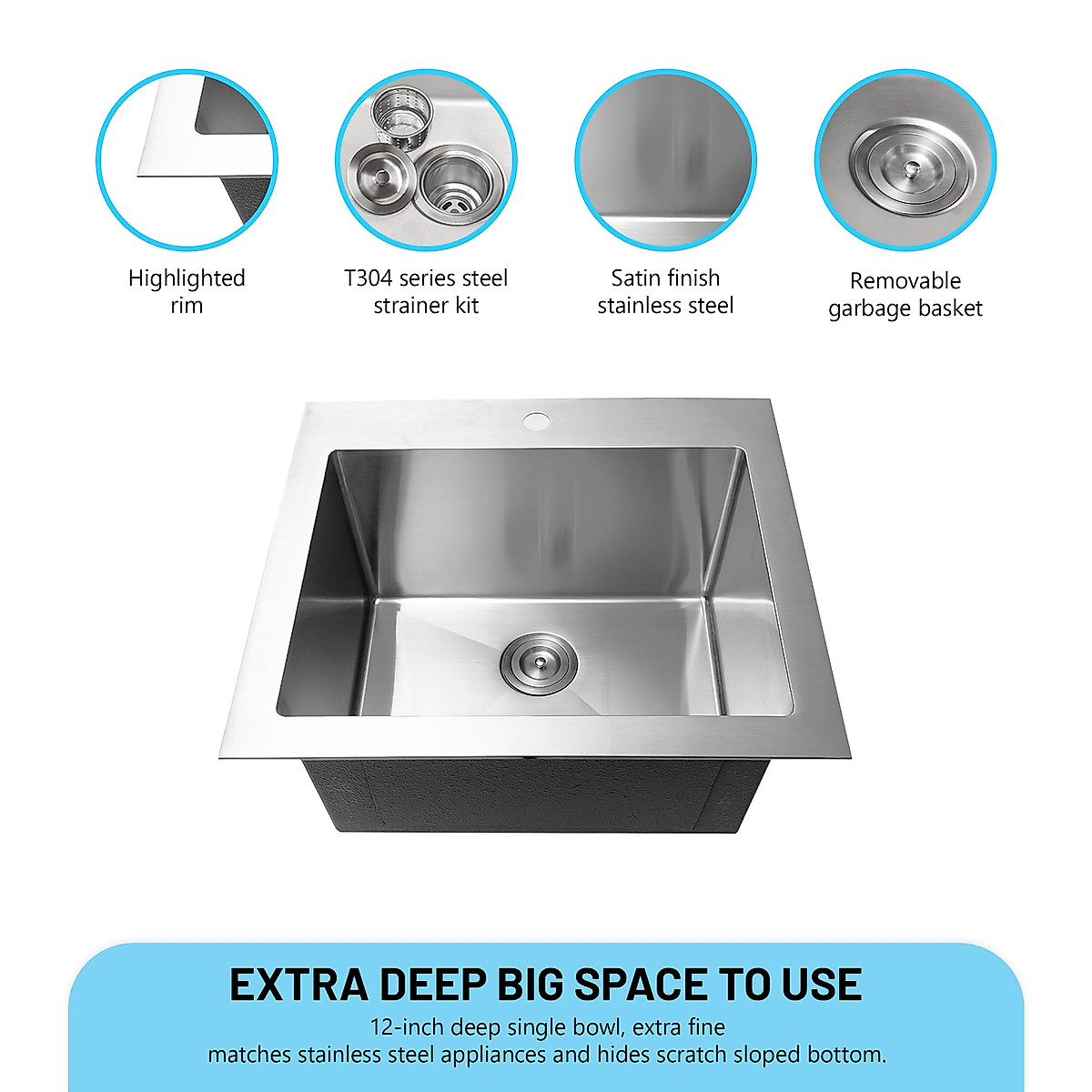 KABCO Single Bowl Undermount Stainless Steel Kitchen Sink, Rust Resistant Sound and Heatproof Laser Cut, Sink for Indoor or Outdoor Kitchens (Laundry Sinks)