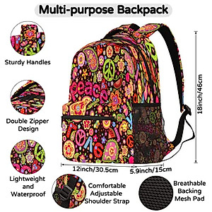 ZQYLAN Peace Sign School Laptop Backpack Colorful Floral Flower Teens School Bags Bookbag,18inch Large Water Resistant College Travel Computer Notebooks Daypack for Men Women