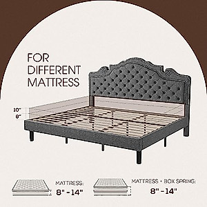 WEEWAY King Bed Frame with Tiara Curved Headboard and High Resilience, Linen Fabric Upholstered Diamond Button Tufted Platform Bed with Wood Slats/No Box Spring Needed/Easy Assembly/Dark Grey