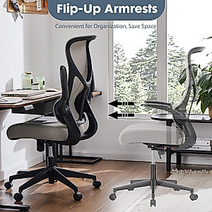High Back Office Chair Flip up Arms, Desk Chair with Lumbar Support and Wheels Ergonomic Mesh Chair Adjustable Height Work Chair for Home Office, Grey