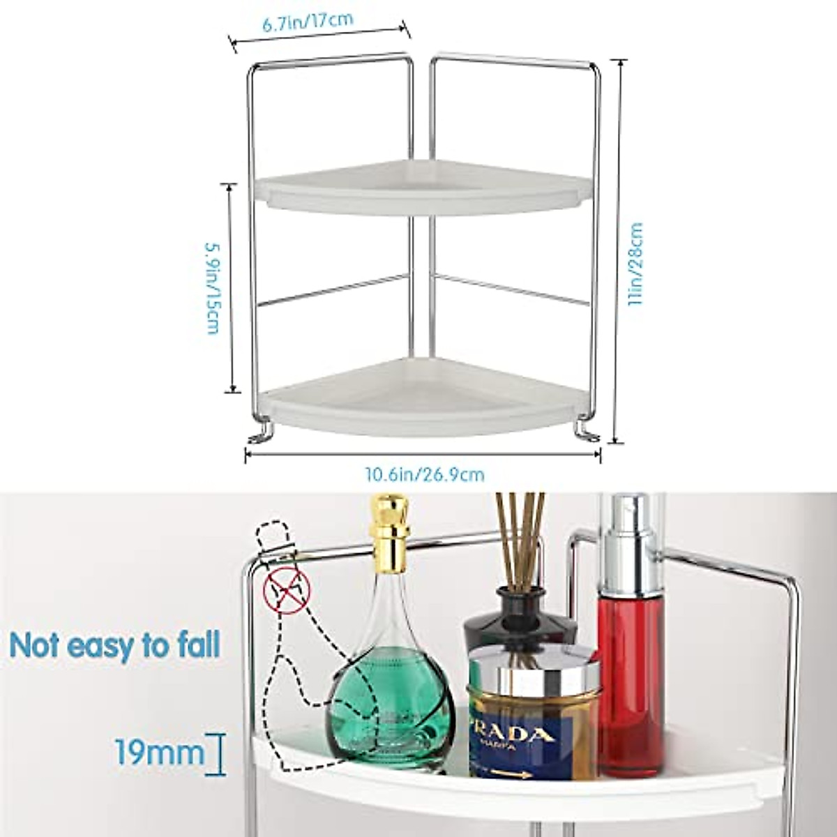 Sekepingo 2-Tier Corner Bathroom Sink Countertop Organizer-Vanity Tray Cosmetic & Makeup Storage-Kitchen Spice Rack Standing Shelf,Perfect Storage Shelf for Bathroom,Bedroom,Kitchen,Vanity,Silver