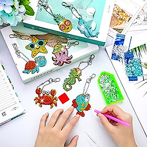 8 Pcs Diamond Art Keychains Diamond Painting Keychains Kids Arts and Crafts 5D Diamond Painting Kits Gem Art Diamond Keychains for Boys Girls Ages 8-12 DIY Gift Birthday Party Favors (Ocean Style)