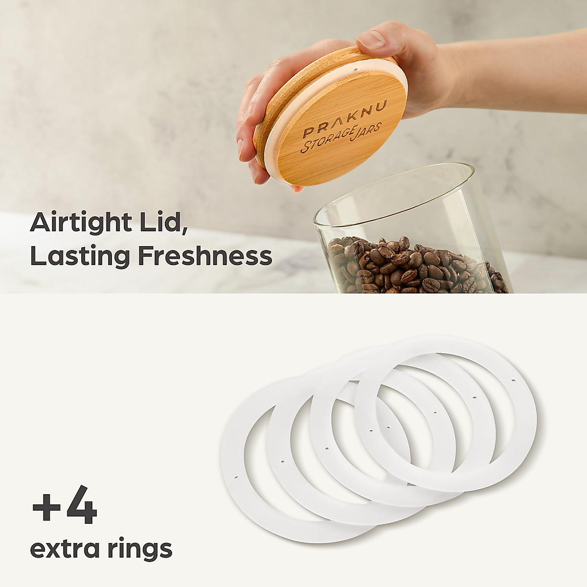 Praknu Glass Food Storage Jars 40oz - Set of 4 Airtight Storage Container with Bamboo Lid - Clear Borosilicate Glass - Dishwasher Safe - Pantry Storage Containers