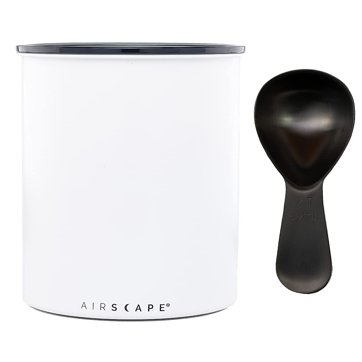Airscape Kilo Coffee Storage Canister & Scoop Bundle - Large Food Container - Patented Airtight Lid 2-Way Valve Preserve Food Freshness, 2.2 lb Dry Beans (Large Matte White & Brushed Black Scoop)