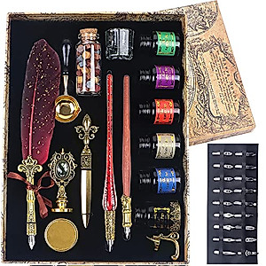 Lotkey Quill Pen and Ink Set, Calligraphy Pen Set for Beginners Including Feather Pen Glass Wooden Dipping Pen 6 Bottles Ink 17 Replaceable Nibs Pen Rack With Wax Seal Stamp Kit for Holiday Ideal Gift
