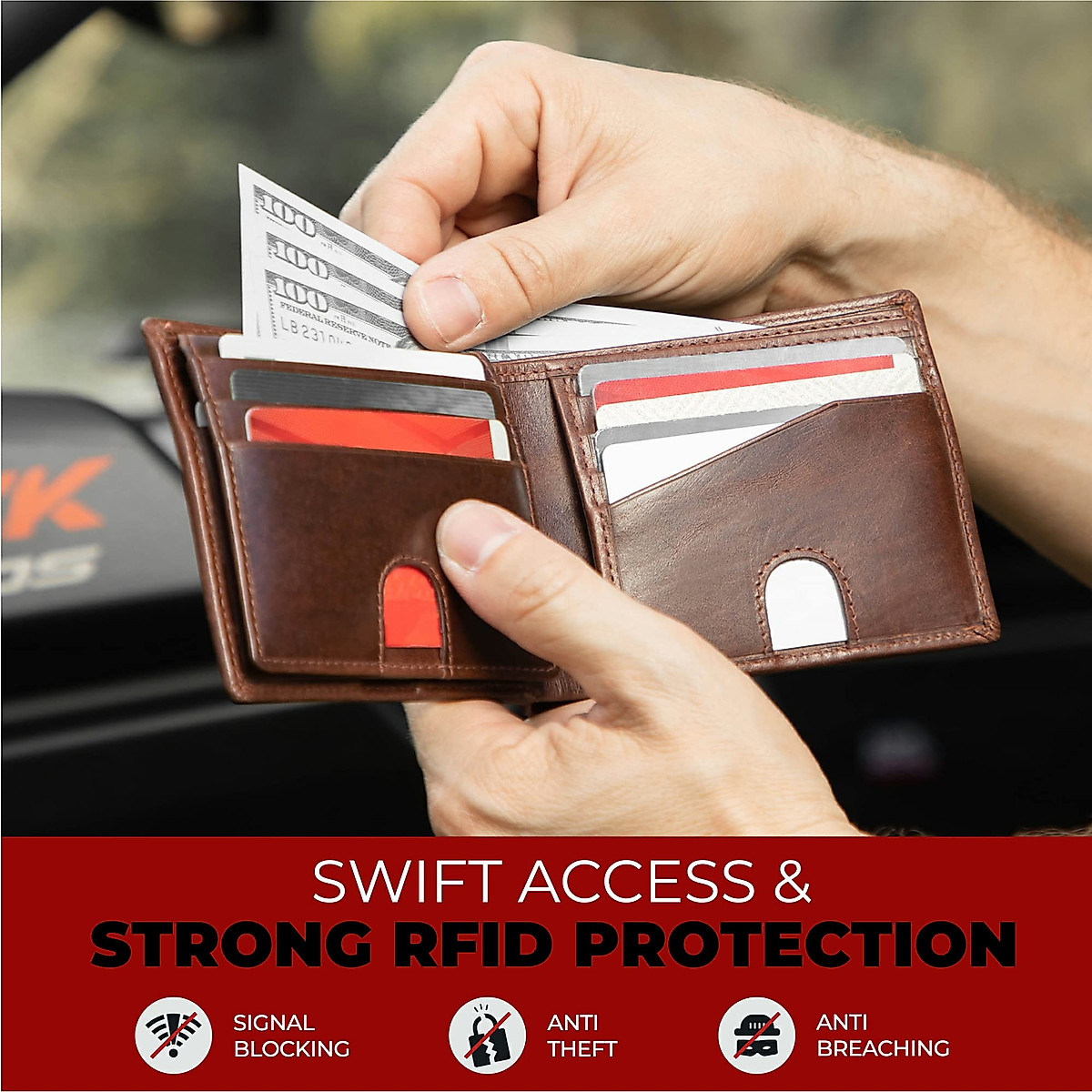 BULL GUARD Mens RFID Blocking Bifold Wallet Soft Genuine Leather Brown Western | Secure and Durable Extra Capacity Billfold with 11 Credit Cards, Flip Up ID