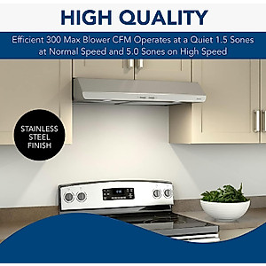 Broan-NuTone BKSH130SS Sahale 30-inch Under-Cabinet Easy Install 4-Way Convertible Range Hood with 2-Speed Exhaust Fan and Light, 300 Max Blower CFM, Stainless Steel