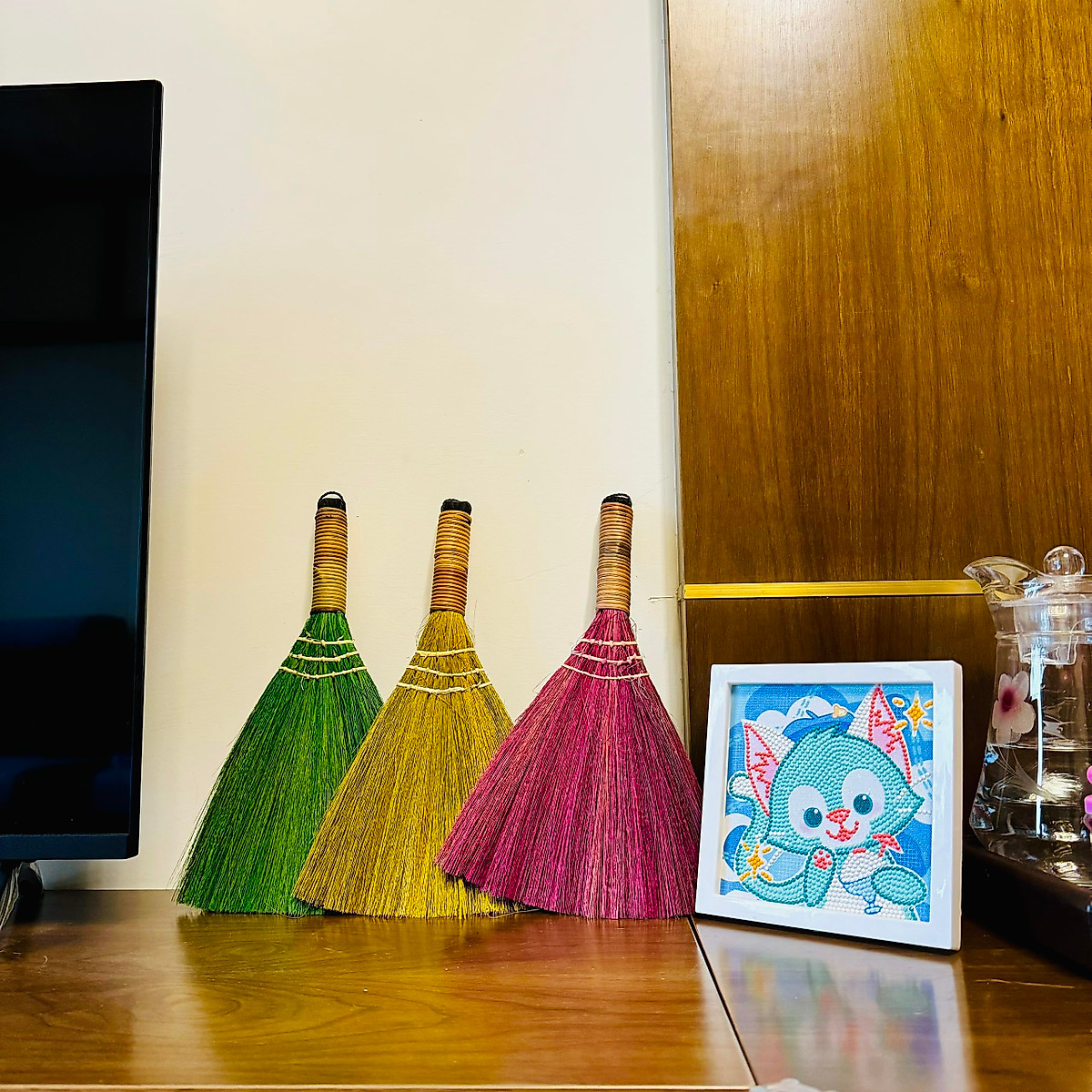 TTS For Home Set of 3 Broom for Kid - Vietnamese Color Natural Straw Soft Broom - Small Whisk Broom (13.19 inch Length, 8.66 inch Width)