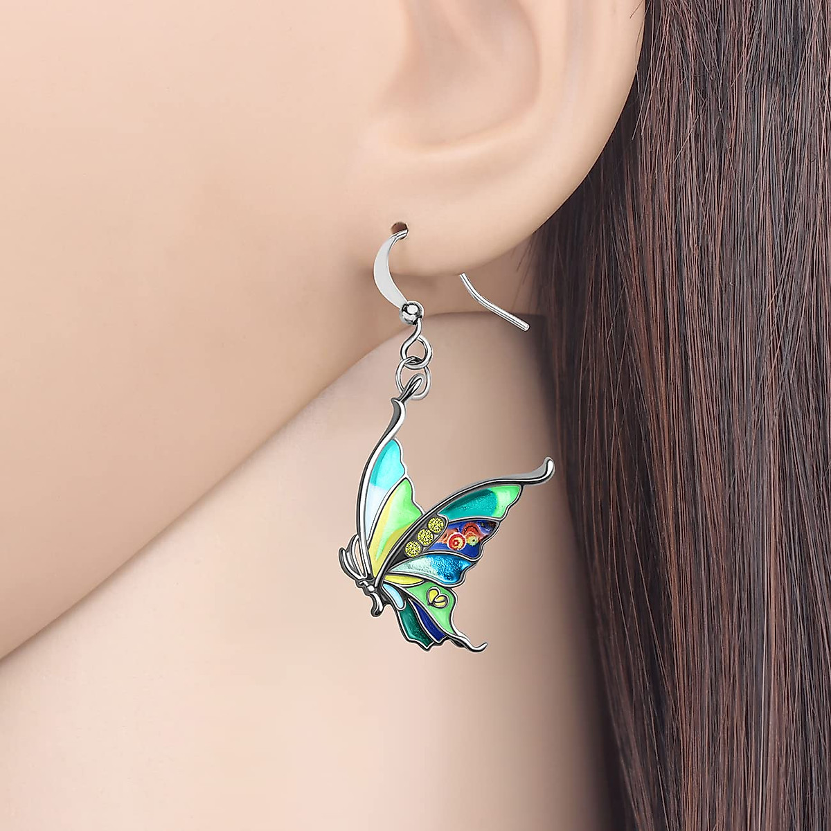 Enamel Alloy Rhinestone Butterfly Earrings Dangle Fashion Insect Summer Jewelry Butterfly Gfits for Women (Green)