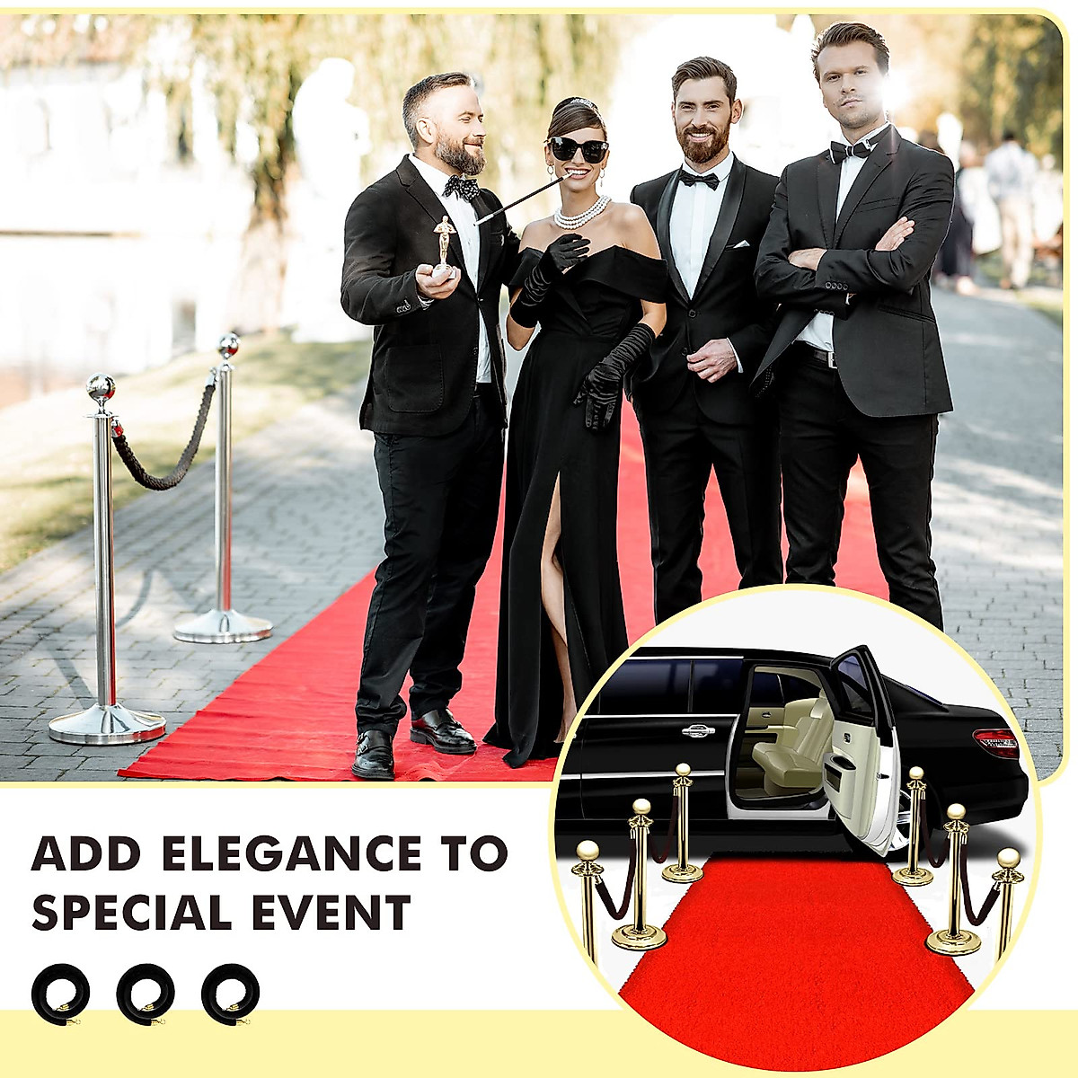 6 Pack Velvet Stanchion Rope, 5 Feet Crowd Control Stanchion Ropes Safety Barrier with Gold Plated Hook for Carpet Events Movie Theaters Grand Openings Hotels Party (Black,6 Pcs)