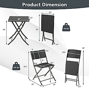 Tangkula 3 Piece Patio Bistro Set, Folding Wicker Chairs & Table Set, Solid Metal Frame, Outdoor Patio Furniture Set for Garden, Front Porch, Poolside, No Assembly Needs (Black)