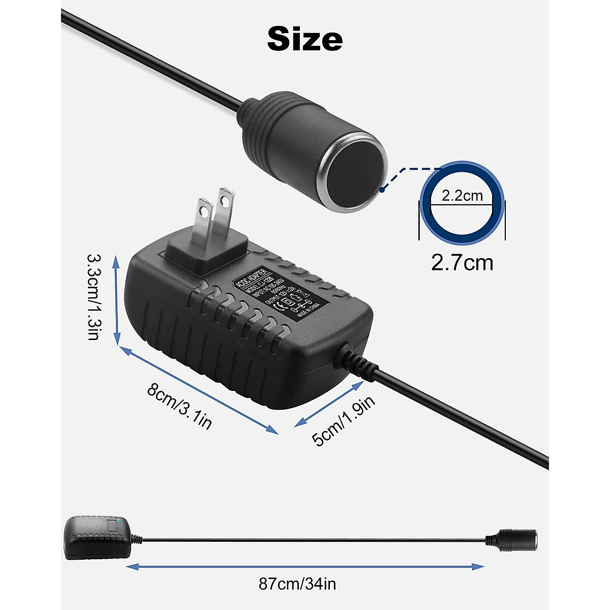 12V DC Power Supply 2A 24W 120V AC to DC Converter 12V Power Adapter with Car Cigarette Lighter Socket Adapter for Car MP3 MP4 Player Fan Dash Cam Shaver etc.
