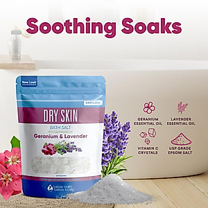 Dry Skin Bath Salt 32 Ounces (2 Lbs) Epsom Salt with Natural Geranium and Lavender Essential Oils Plus Vitamin C in BPA Free Pouch with Easy Press Lock Seal Made in USA