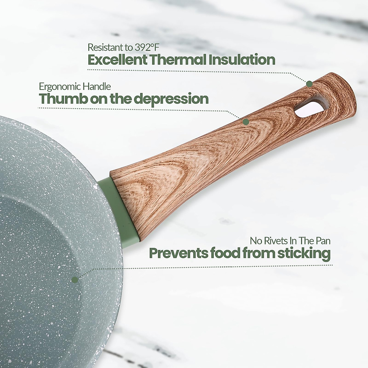 INNERWELL Nonstick Sauce Pan with lid, 2.5QT,Small Saucepan with Steamer, Wooden cooling handle,Induction Compatible, PFOA/PFAS free,(Green）