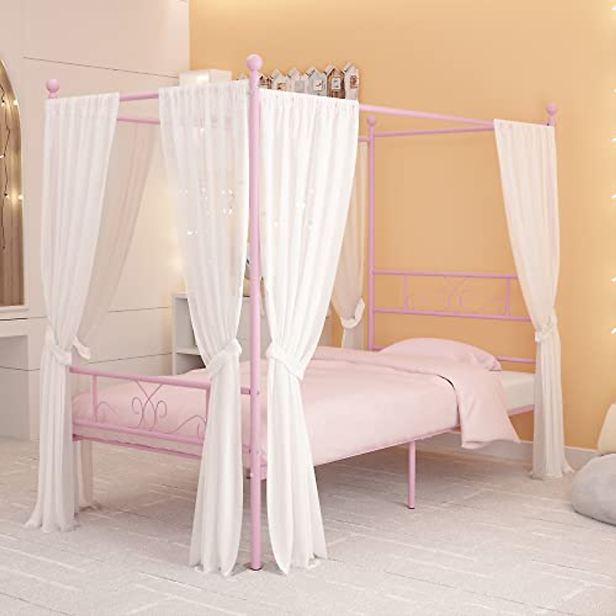 Weehom Metal Canopy Bed Frame Platform Bed 4 Posters Sturdy Steel Mattress Foundation with Headboard and Footboard Box Spring Replacement Easy DIY Assembly Twin,Pink