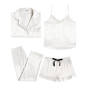 Ekouaer Women's Striped Satin Pajama Set Silk Long Sleeve Button Down Pjs Sleepwear White Striped L