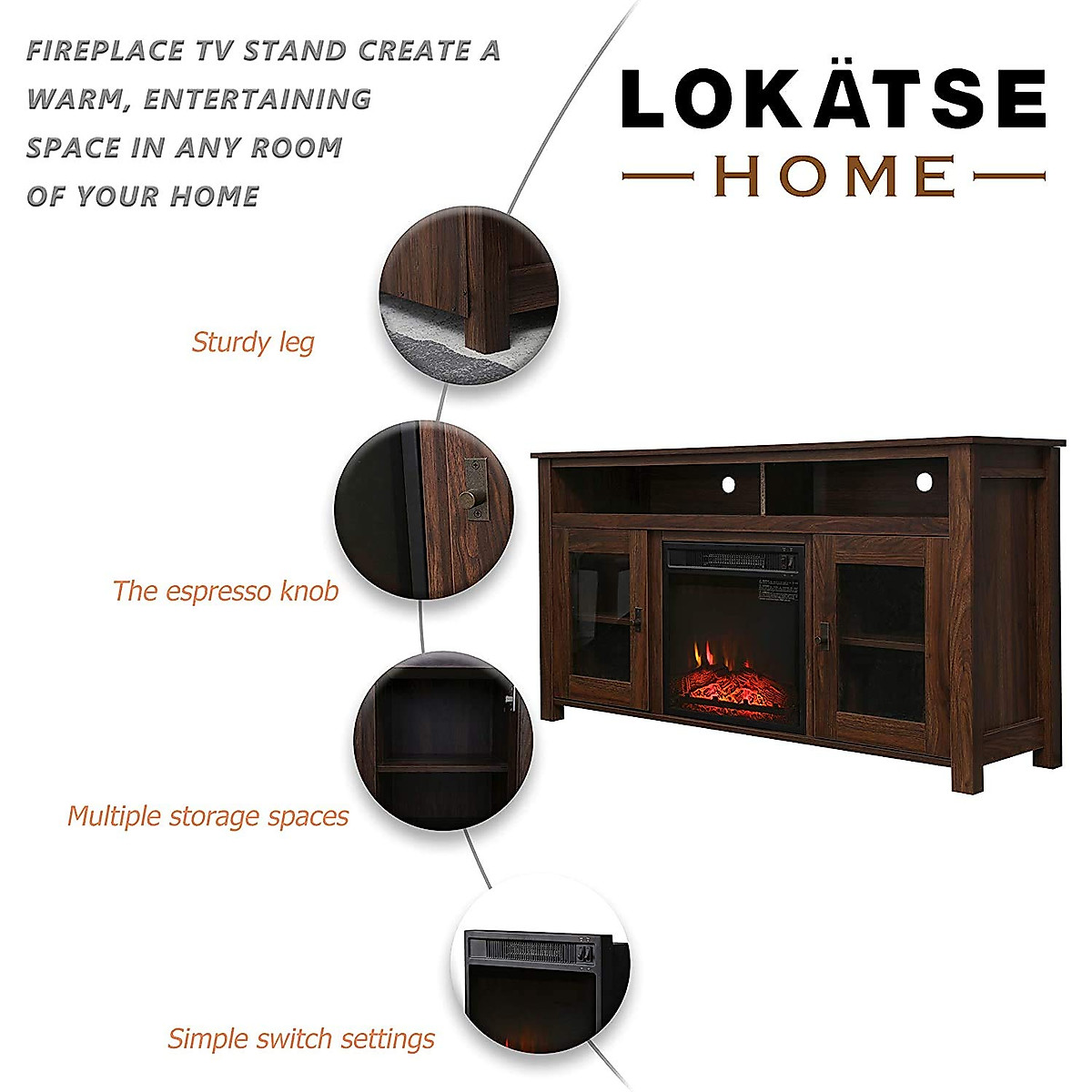 LOKATSE HOME Electric Fireplace Stand Console for TV's Up to 60" Living Room Storage Entertainment Center, Espresso