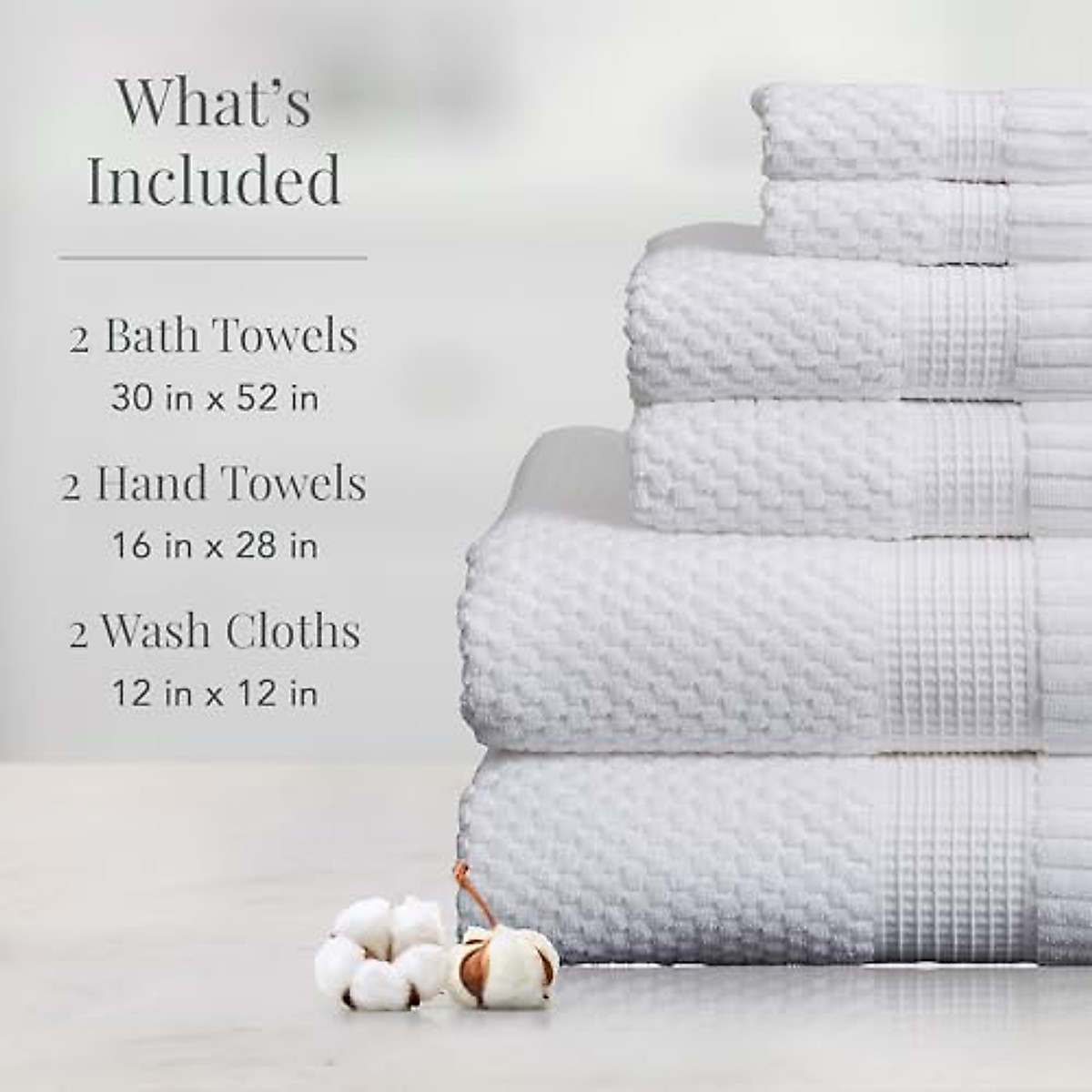 NY Loft 100% Cotton Towel Set 6 Piece Set | Super Soft & Absorbent Quick-Dry 2 Bath Towels 2 Hand Towels & 2 Washcloths |Textured and Durable Cotton | Trinity Collection (6 Piece Set, Bright White)