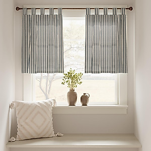 jinchan Kitchen Curtains Linen Striped Tier Curtains 24 Inch Length Ticking Stripe Cafe Curtains Pinstripe Farmhouse Small Window Curtains Tab Top for Living Room Bathroom RV 2 Panels Blue on Beige