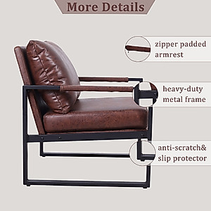 Nusetx Mid-Century Modern Accent Chair, Faux Leather Upholstered Living Room Chairs with Waist Cushion, Reading Armchair for Bedroom Sunroom, Brown