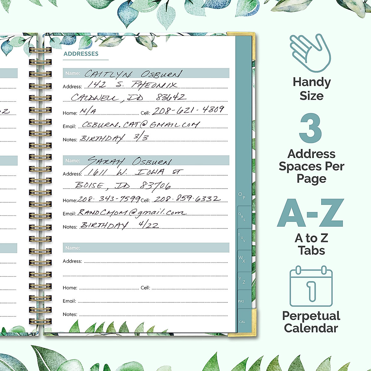 Simplified Greenery Address and Password Book with Alphabetical Tabs - The Perfect Spiral Bound Address Organizer incl. Address Labels, Contact and Phone Section