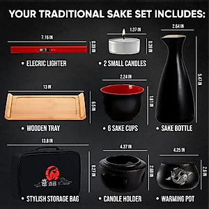 Japanese Sake Set with Warmer | 11 pc | 6 sake cups only | non electric sake warmer | sake bottle | candles | lighter | bamboo sake flight tray for sake cup set | bomb gift kit for chinese sake set