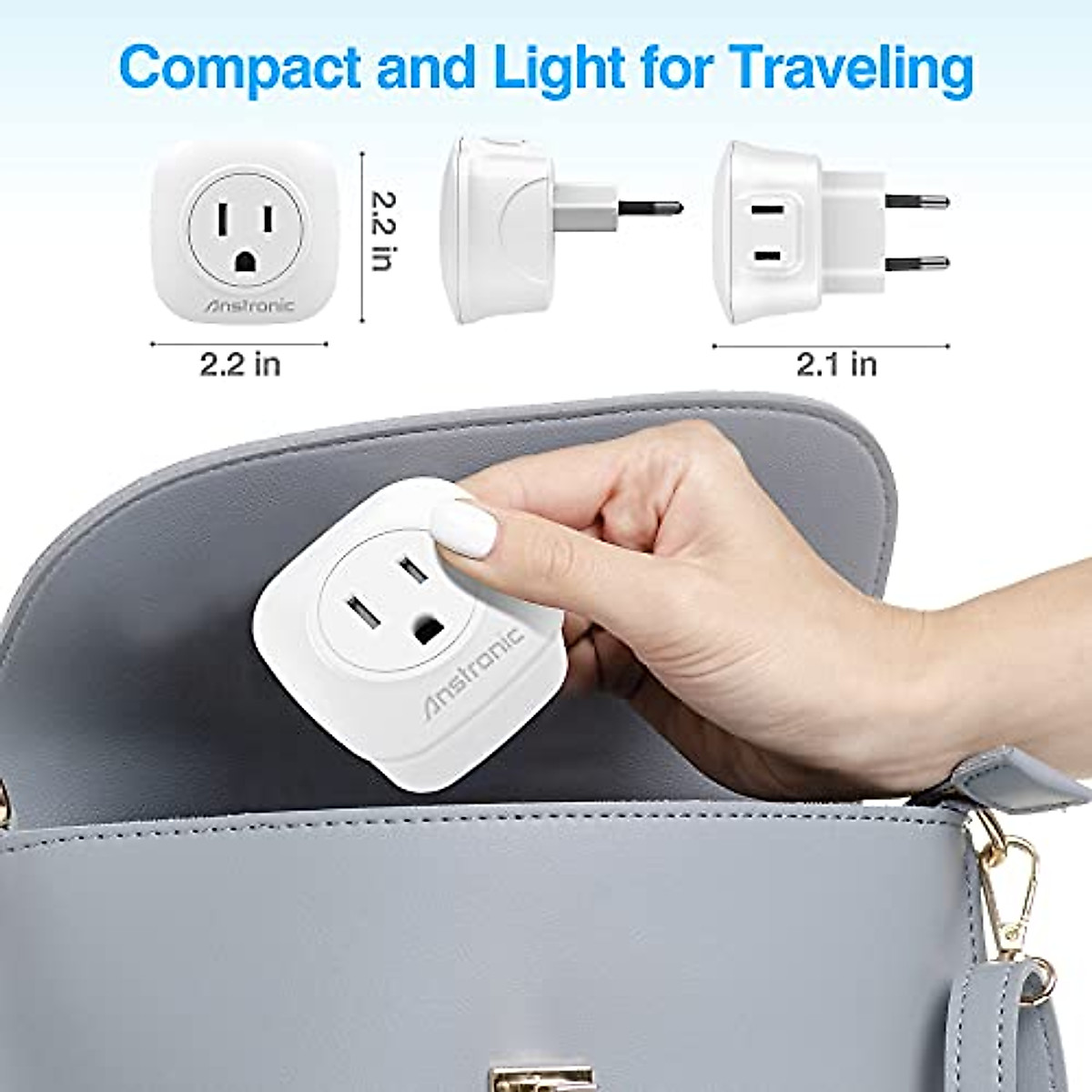 3 Pack European Travel Plug Adapter, Anstronic International Power Adaptor with 2 US Outlet, 2 in 1 European Plug Adapter for USA to Most of Europe EU Italy Iceland France Germany Spain (Type C)