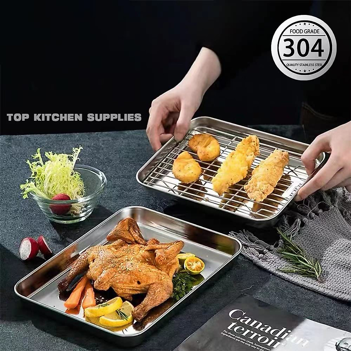 N&S AMOCWJ Food Grade Cookie Sheet with Wire Rack, Half Baking Pan for Oven Cooking, Stainless Steel Rimmed Tray Cooling Roasting Broiling Bacon Meat Steak - Dishwasher Safe (XL), Silver