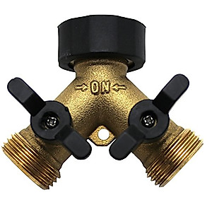 Kasian House Heavy Duty Brass Garden Hose Splitter, Y Valve, 2 Way Connector for Outdoor Faucet, Outside Water Bib Spigot Adapter, Large Comfort Grip Handles, 2 Extra Rubber Washers