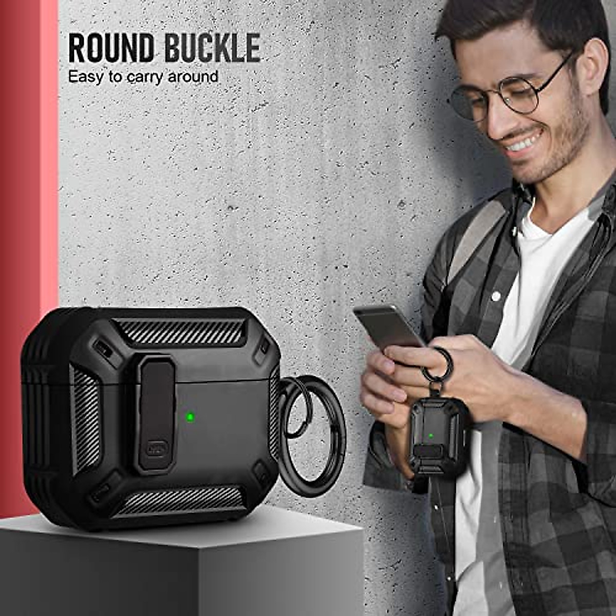 Youskin Airpod Pro Case Secure Lock Clip Case,Carbon Fiber Military Armor Series Full-Body Rugged Hard Shell Airpod Pro Case for Men Women with Keychain,Black