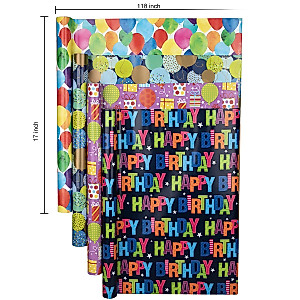 JUSTASHOW Birthday Wrapping Paper, 4 Rolls Happy Birthday Gift Wrap Papers, 17x118 Inches Per Roll Gift Wrapping Paper for Holiday, Party, Baby Shower
