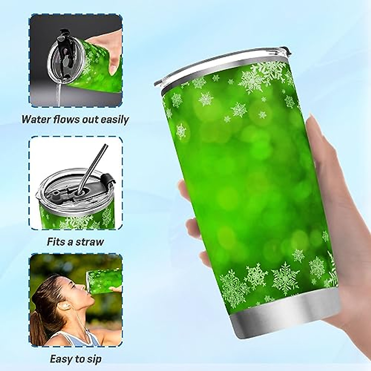Jihqo Christmas Green Snowflake Tumbler with Lid and Straw, Insulated Stainless Steel Tumbler Cup, Double Walled Travel Coffee Mug Thermal Vacuum Cups for Hot & Cold Drinks 12oz