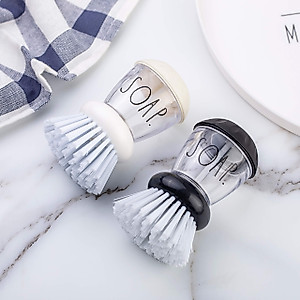 Rae Dunn Collection Soap Dispensing Dish Brush Set - Set of 2 Palm Brush Dish Scrubber with 2 Replacement Brush Heads