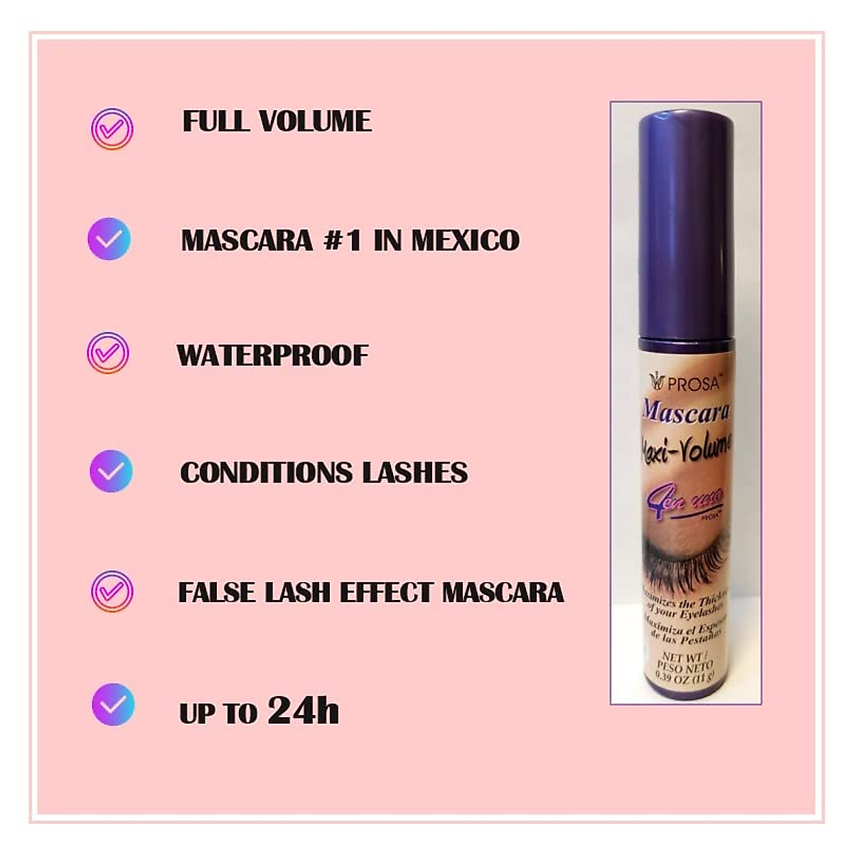 PROFESSIONAL Volumizing Mascara, Intense Length, Buildable, Defining, Curling, Waterproof, Lasts 18+ Hrs., Black, Prosa 4 en 1 Maxi-Volume + Tweezers