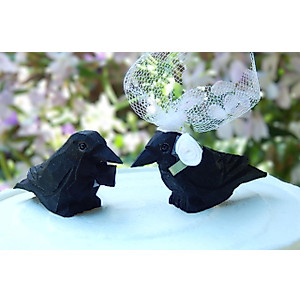 Raven Crow Black Birds Cake Topper Bride & Groom Wedding Engagement Anniversary Carved Wood Statue
