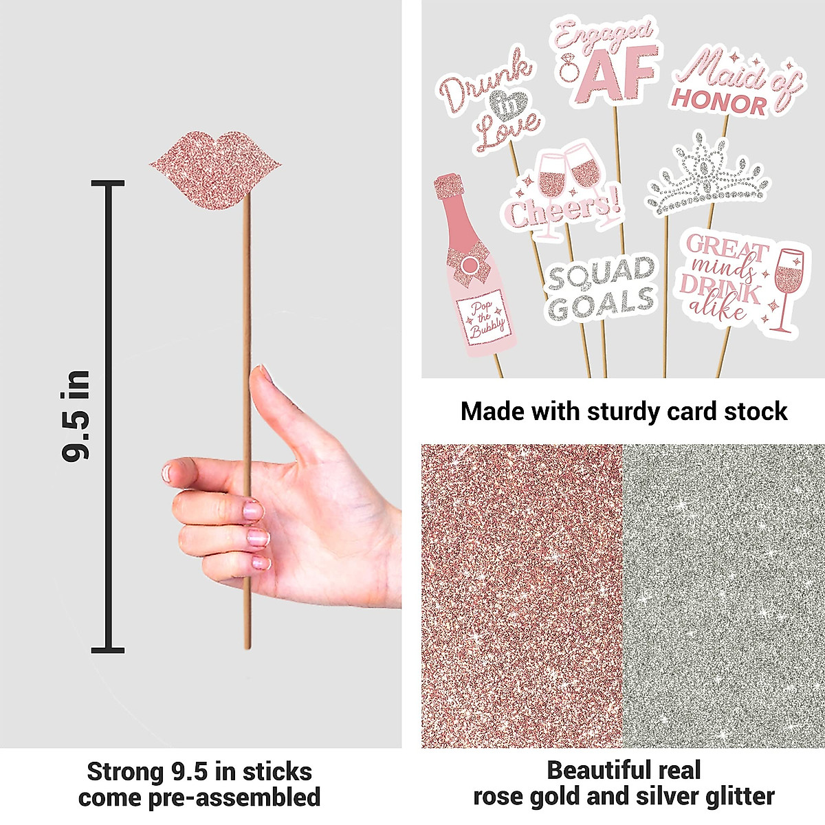 Fully Assembled Bachelorette Photo Booth Props - Set of 32 - Rose Gold, Pink, & Silver Signs, Wedding Bridal Shower Bachelorette Party Supplies & Decorations With Real Glitter - Did we mention no DIY?