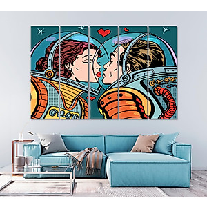Astronauts Kiss in Space Canvas Print 3 Panels / 36x24 inches