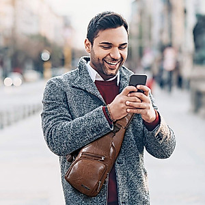 JUMO CYLY Mens Sling Bag, Leather Sling Bag with USB Charging Port Waterproof HikingTravel Body Chest Crossbody Bag Casual Daypack Backpack