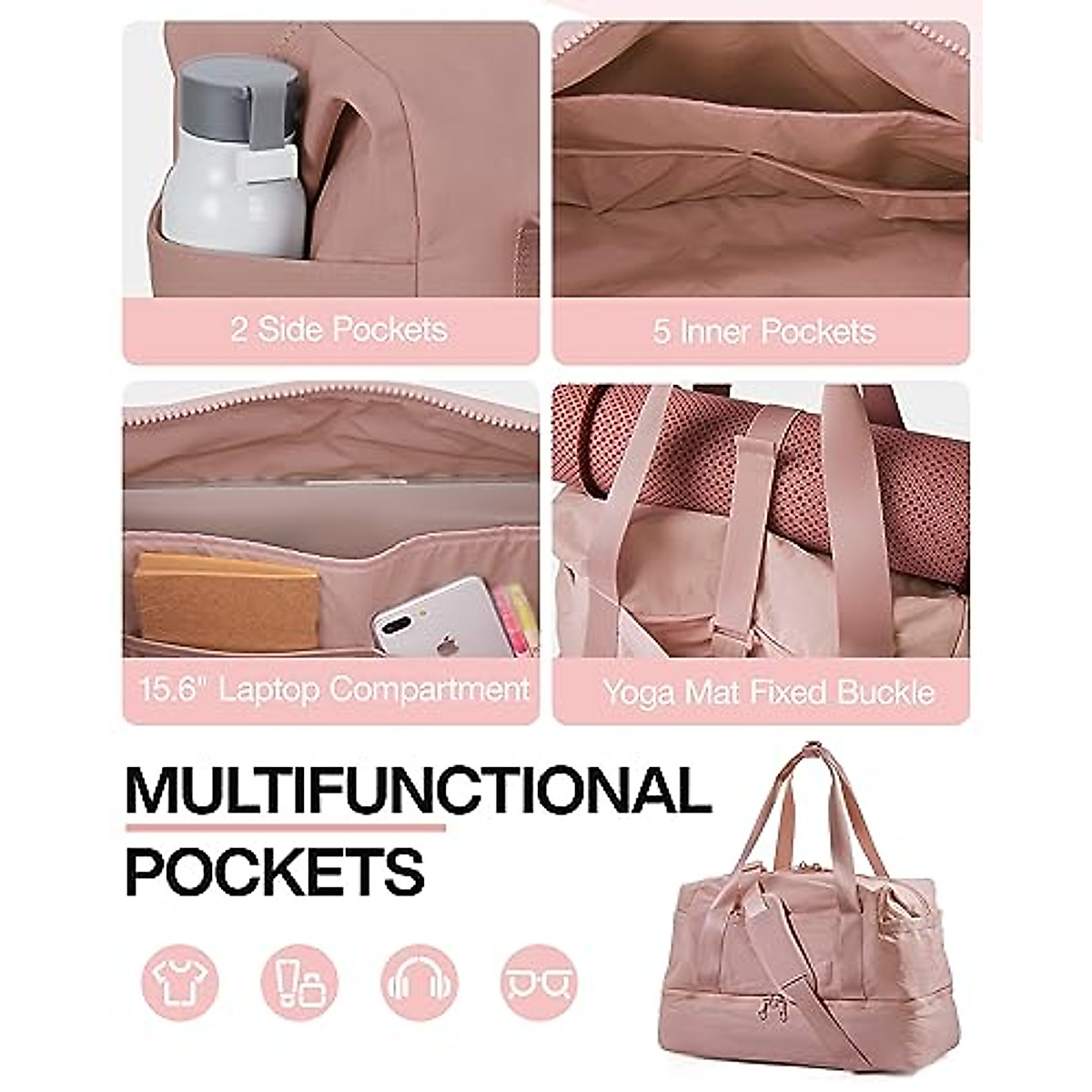 Weekender Bags for Women, BAGSMART Travel Duffel Bags with Shoe Compartment,Personal Item Travel Bag for Airlines, Carry on Overnight Tote Bag with Toiletry Bag, Black, Dark Pink-M-2PCS