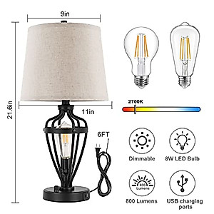 TRLIFE Table Lamps, Set of 2 Fully Dimmable Table Lamps with 2 USB Ports Nightstand Lamps with Fabric Lampshade for Living Room Bedroom(4 Dimmable Bulbs Included)