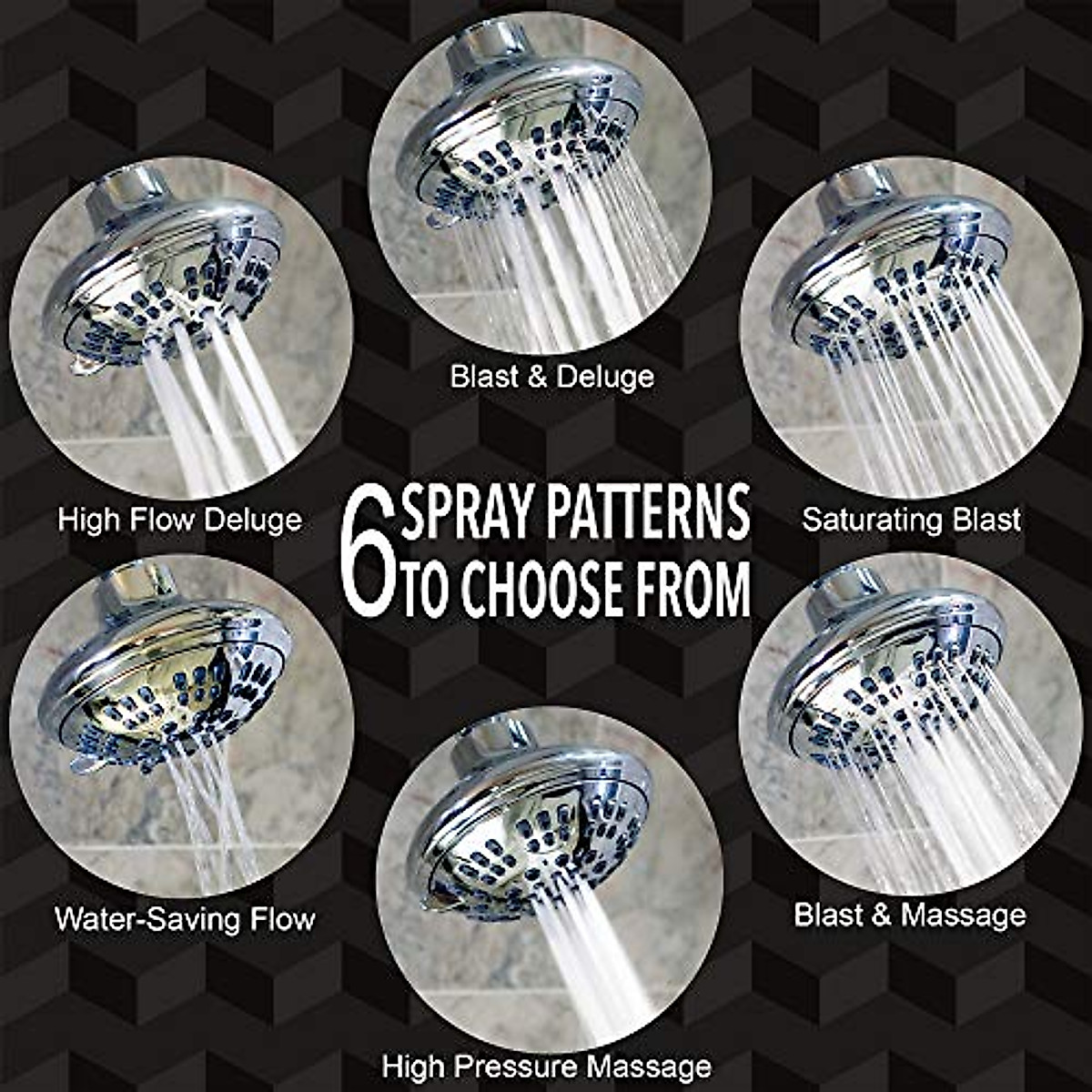 6 Function Adjustable Luxury Shower Head - High Pressure Boosting, Wall Mount, Bathroom Showerhead For Low Flow Showers, 2.5 GPM - Chrome